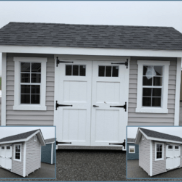 Nantucket Shed 8×12 Vinyl Siding Transom Windows in Fiberglass Doors